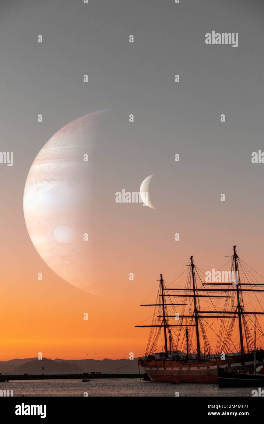 A vertical shot of an old ship without sails before the moon and a ...