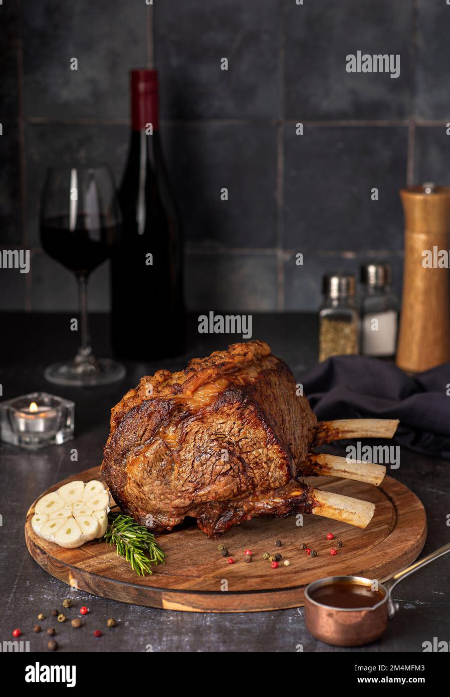 Food photography of roasted beef, fillet, sirloin, red wine, garlic ...
