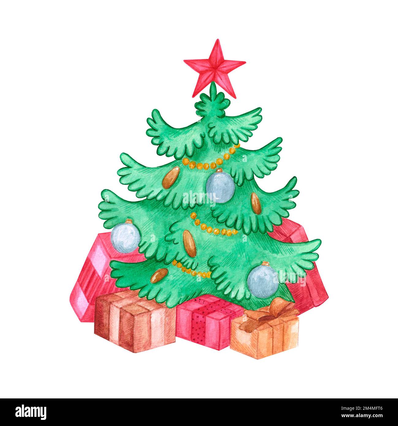 Hand drawn watercolor christmas tree. Christmass and New Year symbol ...