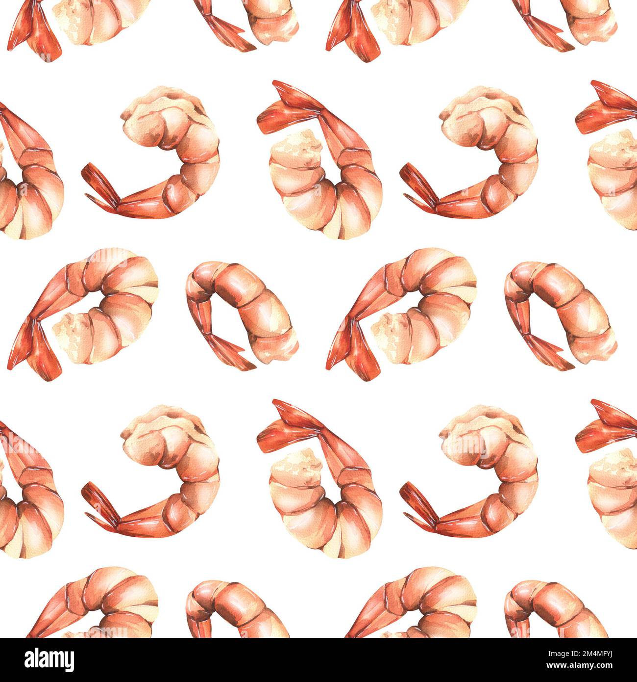 Boiled peeled shrimp with a tail. Watercolor illustration. Seamless ...