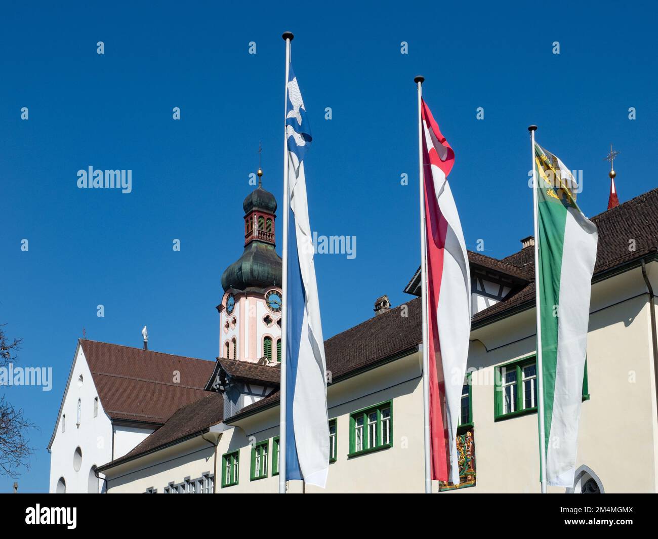 Fischingen, Switzerland - March 27th 2022: Flags in front of the famous ...