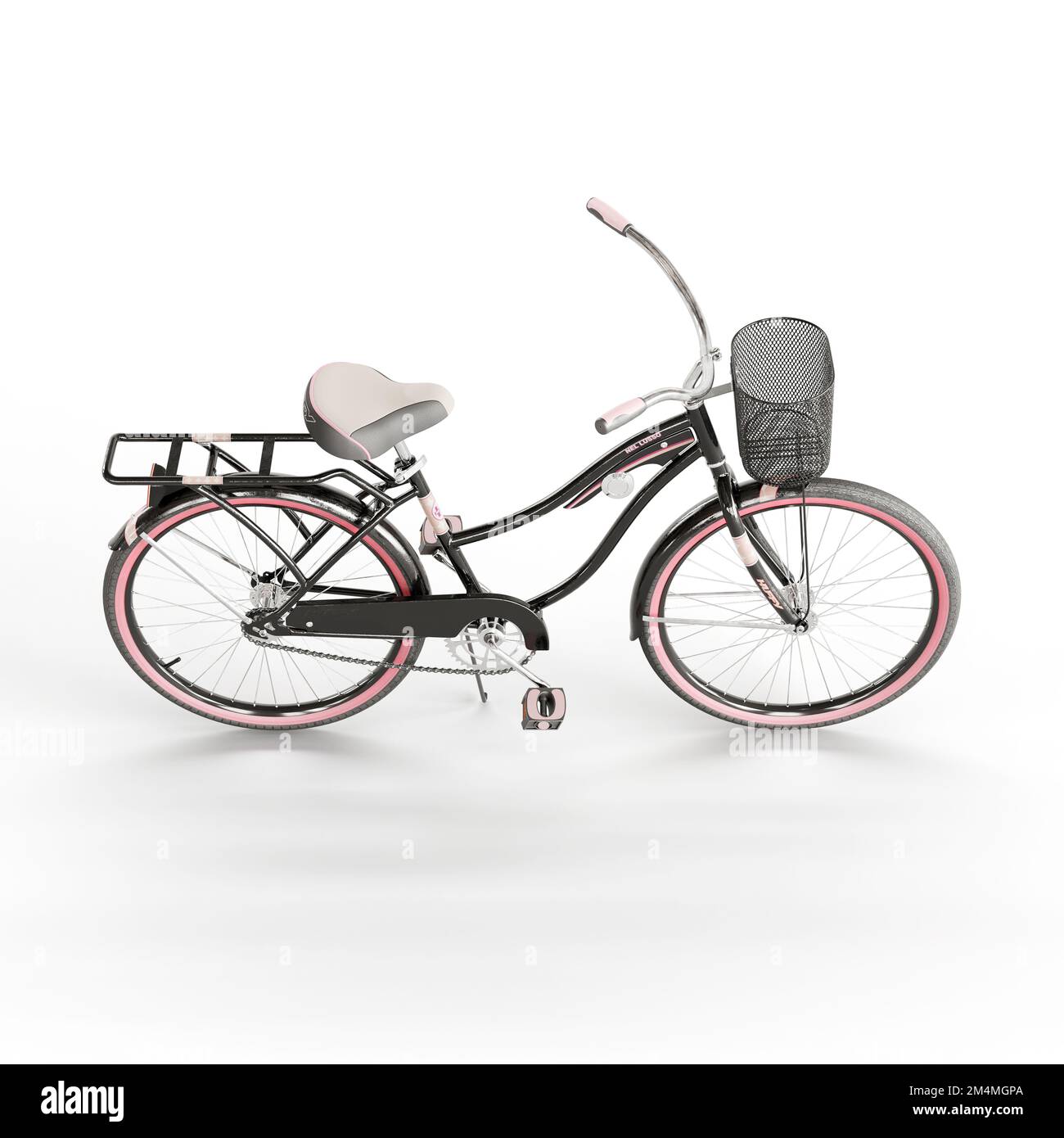 A 3D render of a bicycle with red tires and a black basket isolated on ...