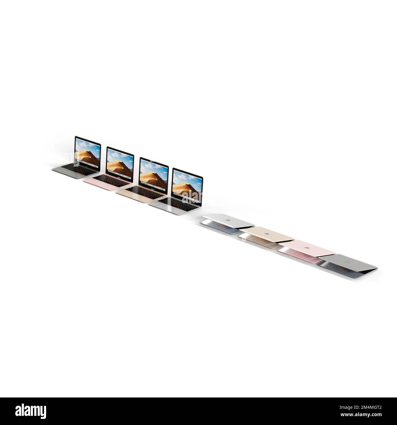 A 3D render of different colored Macbook Air laptops isolated on a ...