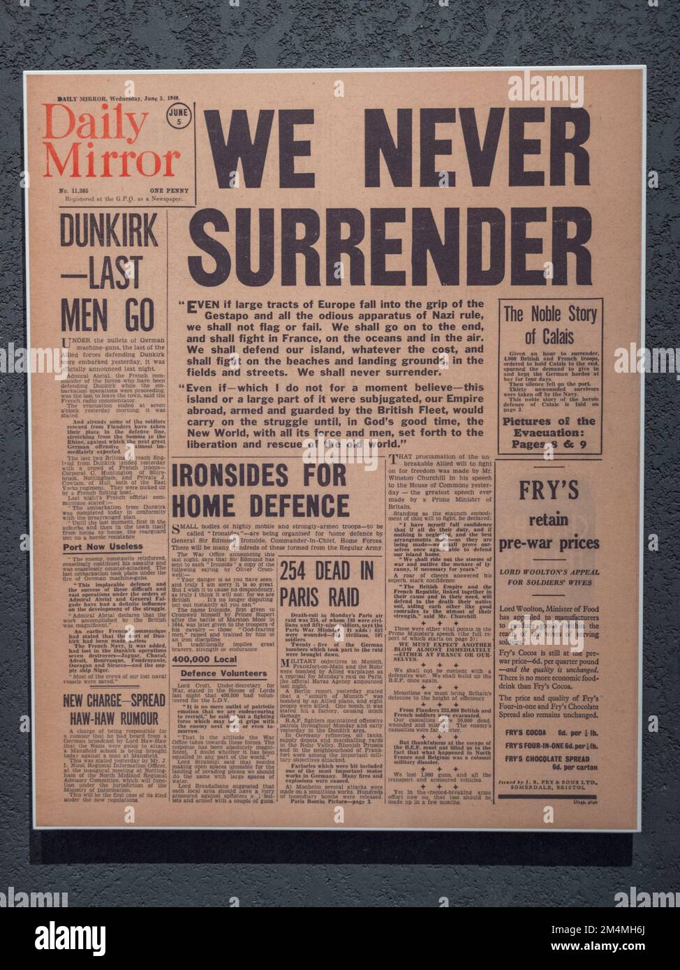 "We Never Surrender" front page headline on the Daily Mirror on 5th ...