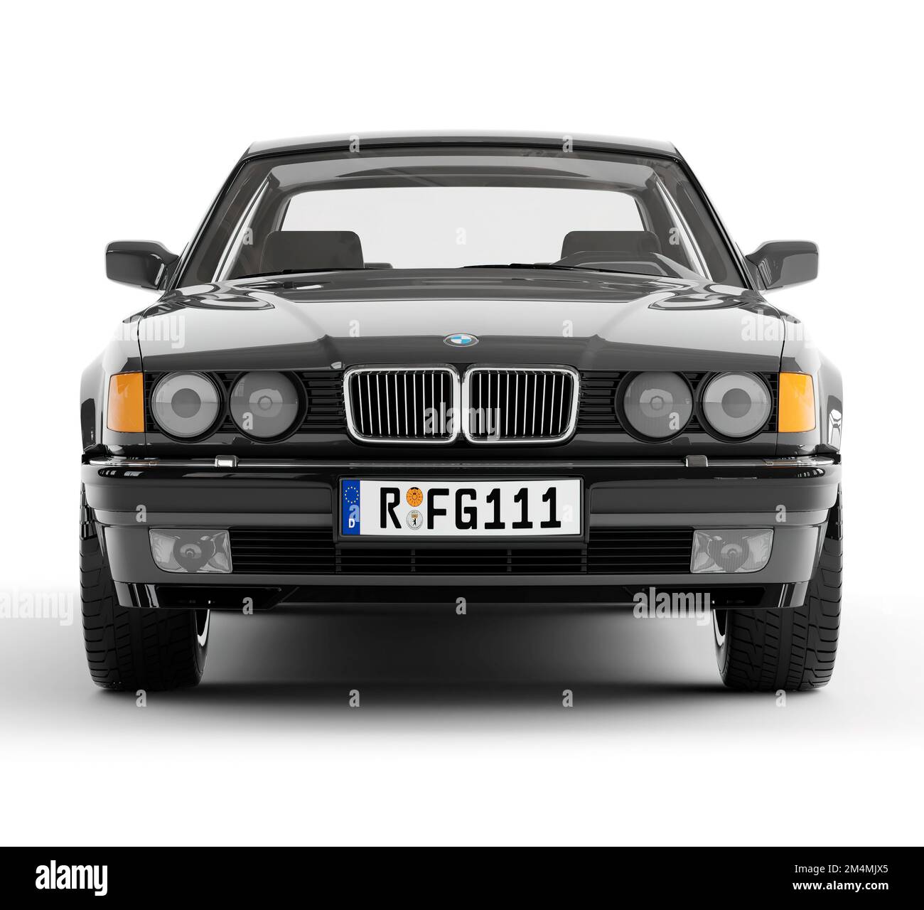 A 3D render of a vintage black BMW car design on a white background ...