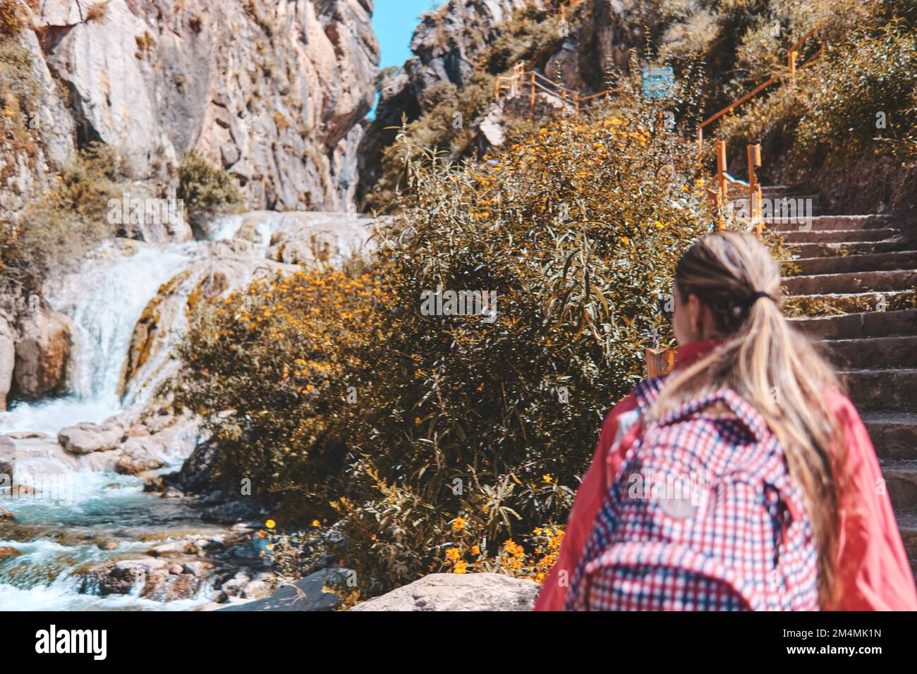Young tourist walks on a path to the mountain. adventure travel, hiking ...