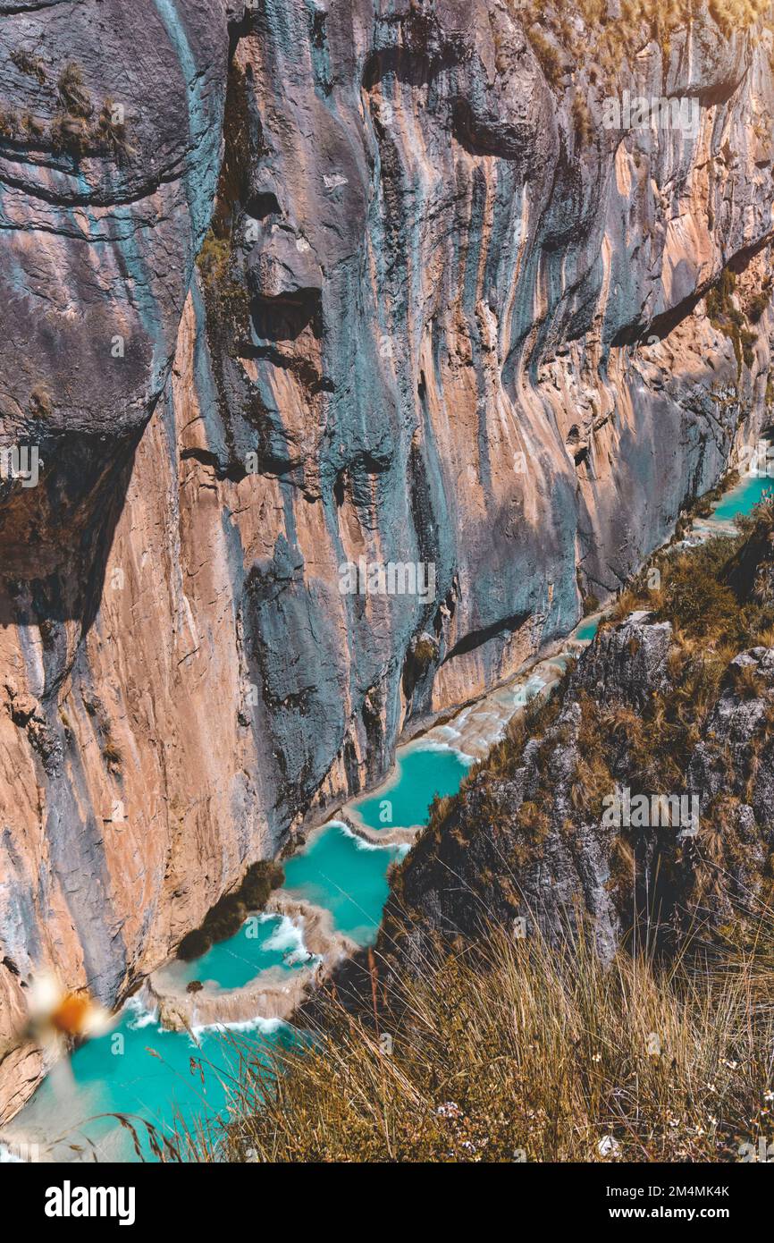 Natural pools of Millpu in Huancaraylla. Turquoise lagoons near ...