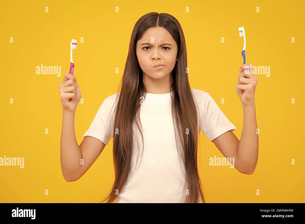 Teen girl hold toothbrush, childhood happiness, morning routine. Brush ...