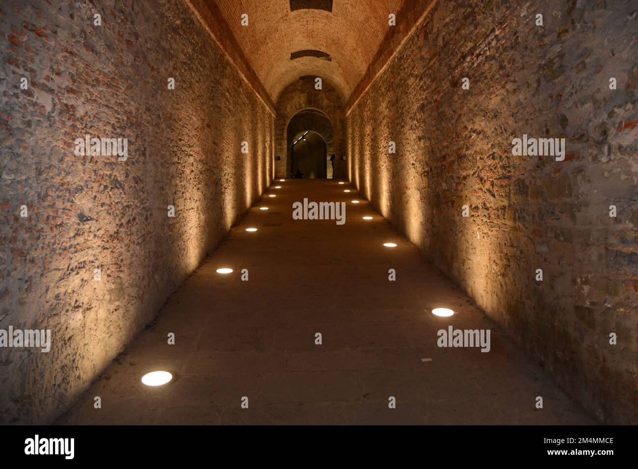 A long dark corridor illuminated with lights on the ground Stock Photo ...