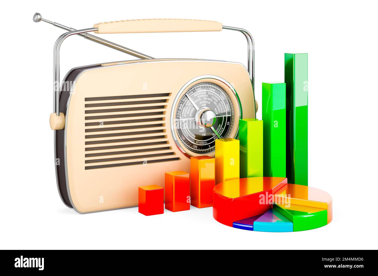 Retro receiver with growth bar graph and pie chart, 3D rendering ...