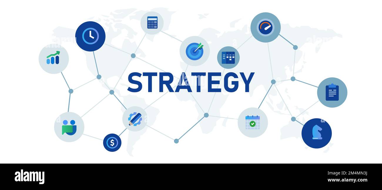 Strategy business plan concept illustrated interconnected blue icons ...