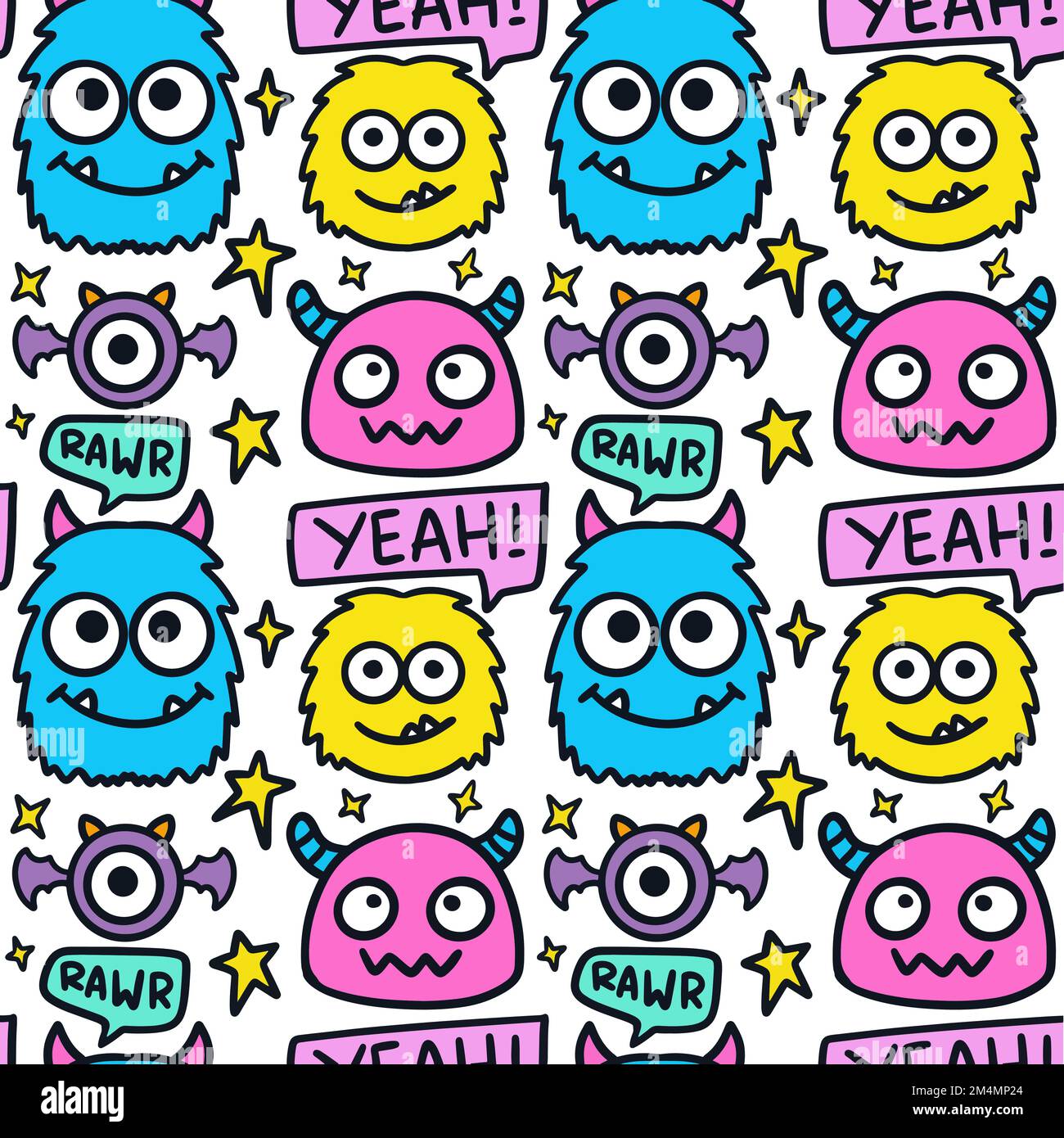 Hand drawn funny little monsters doodle illustration seamless pattern ...