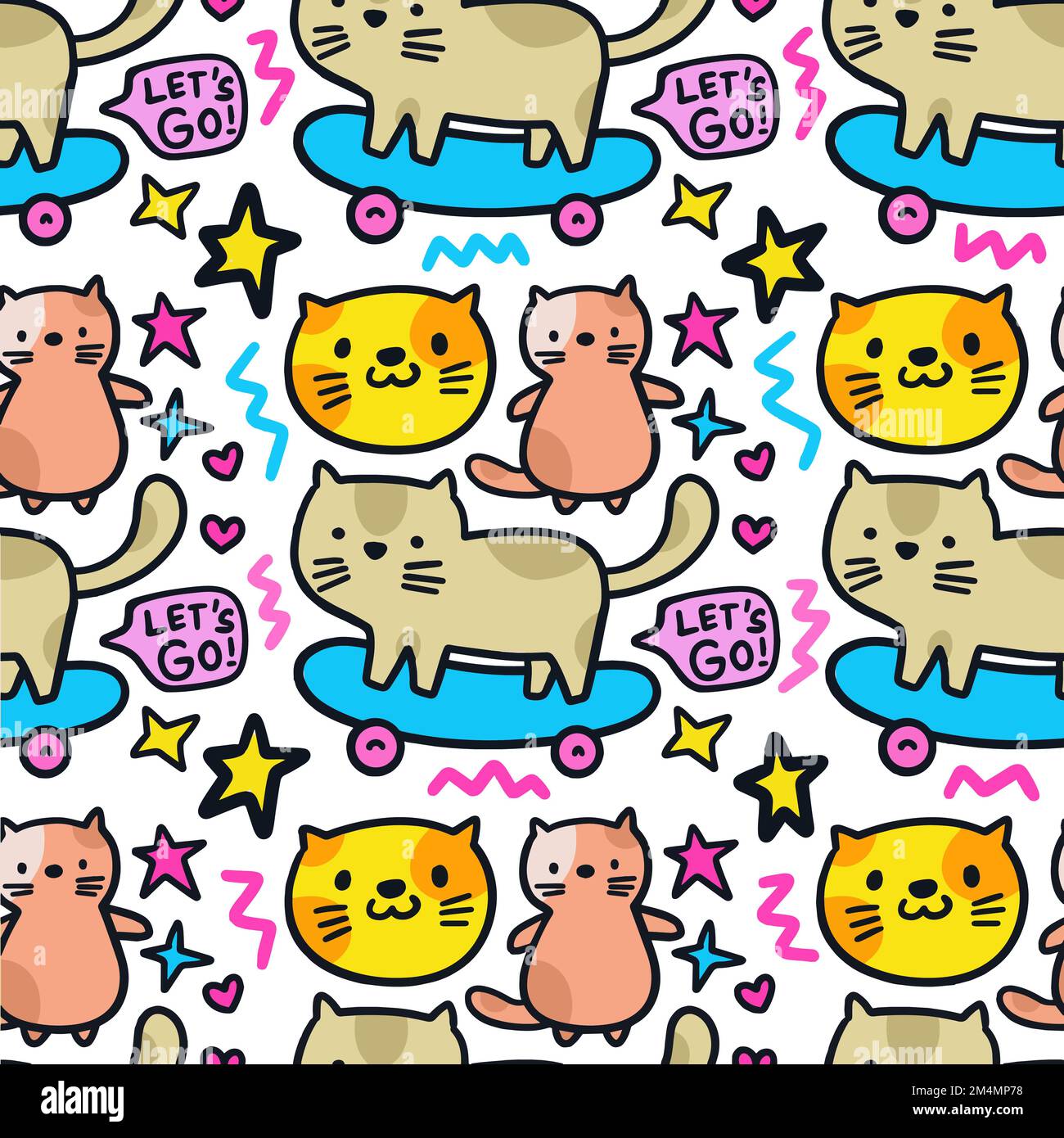 Hand drawn cute little cats playing skateboard doodle illustration seamless pattern. Can be used ...