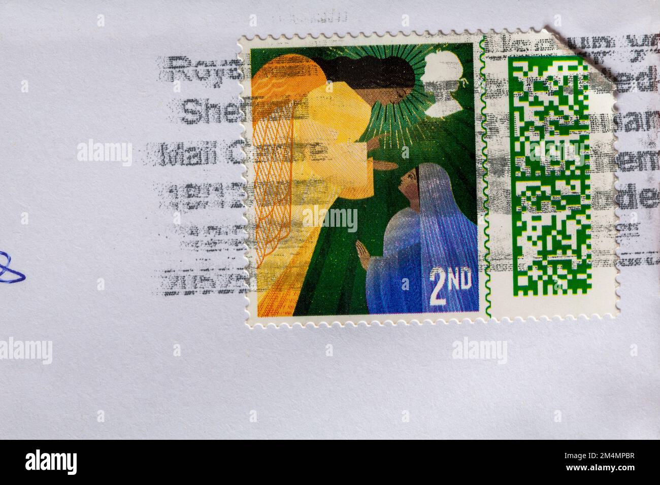 2nd class Christmas stamp stuck on envelope - stamp barcoded, stamp ...