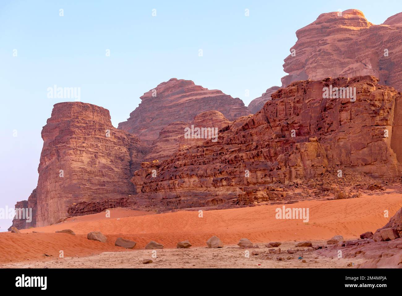 Wadi Rum, Jordan. The orange sand desert landscape and Jabal Al Qattar ...