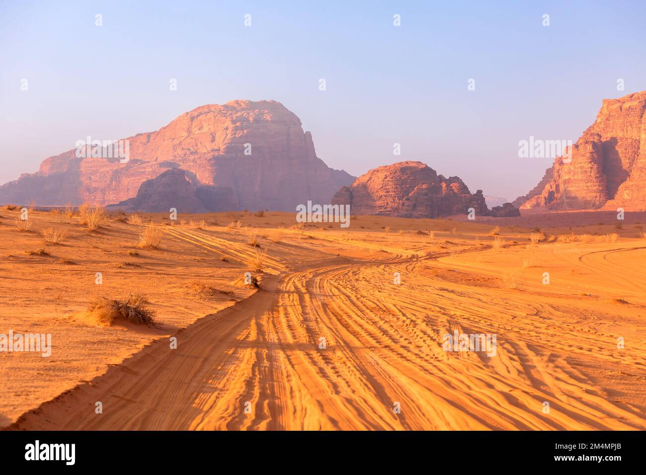 Jordan, Wadi Rum road Jeep safari in desert, off-road car trace on dune ...