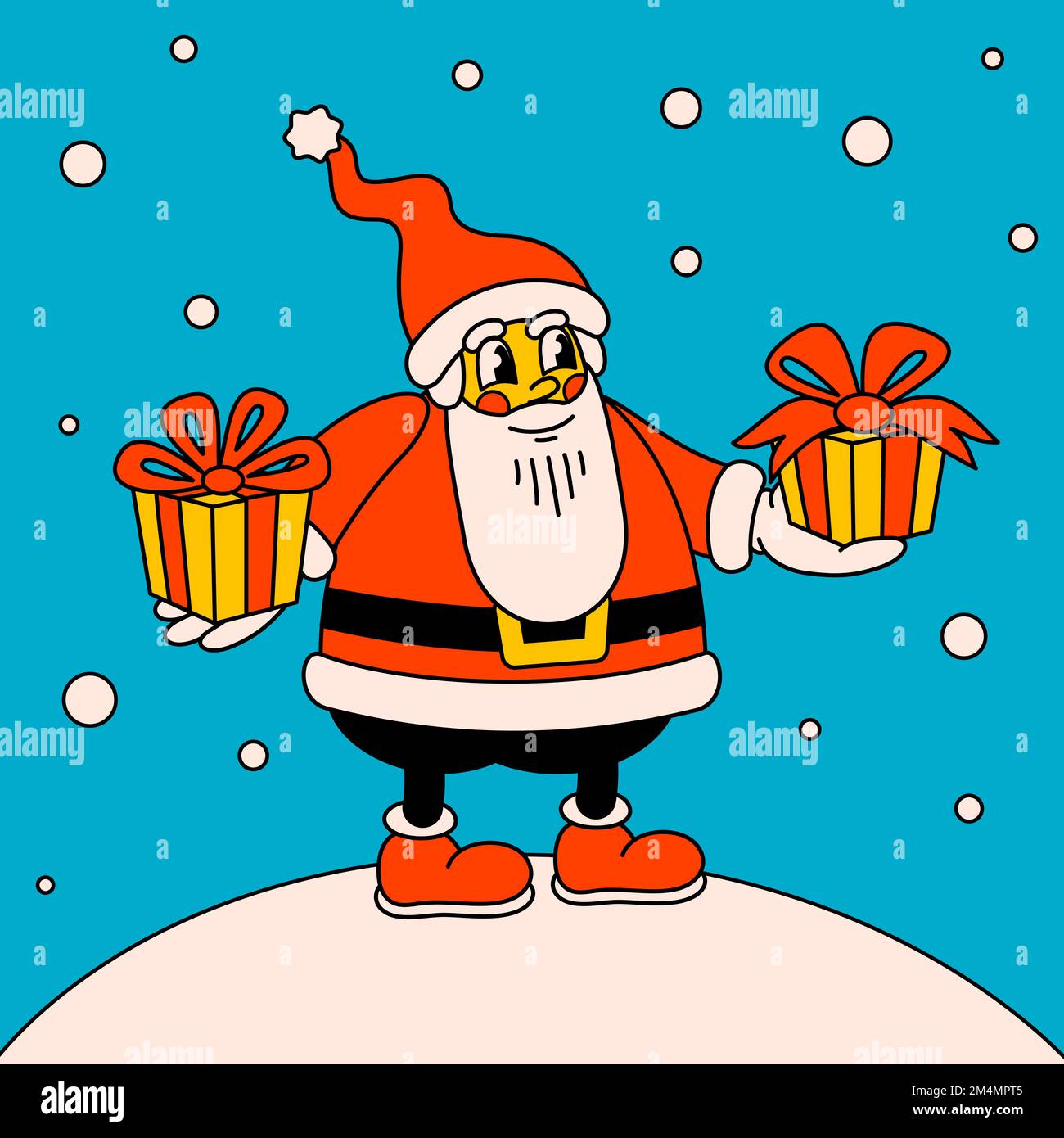 Merry Christmas and Happy New year trendy retro cartoon card. Groovy ...