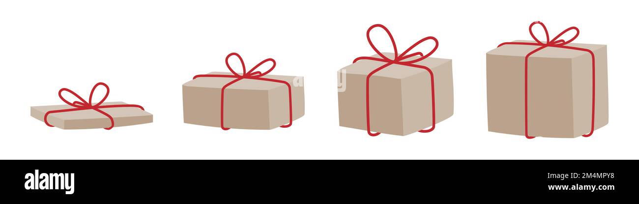 Set: gift packages wrapped with kraft paper and red bow. Different ...