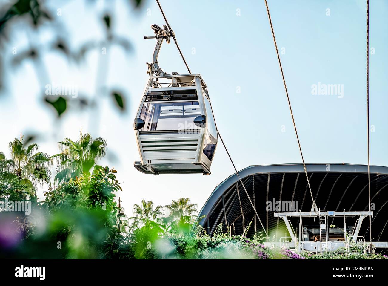Cable car cab approaching landing station on Cleopatra beach, close-up ...