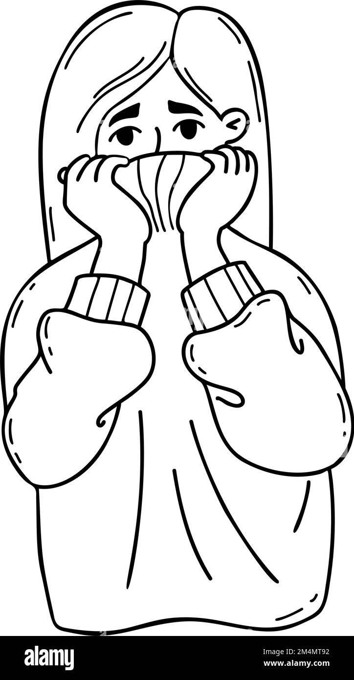 Woman freezing wearing wrapped in warm sweater and shivering. Vector ...