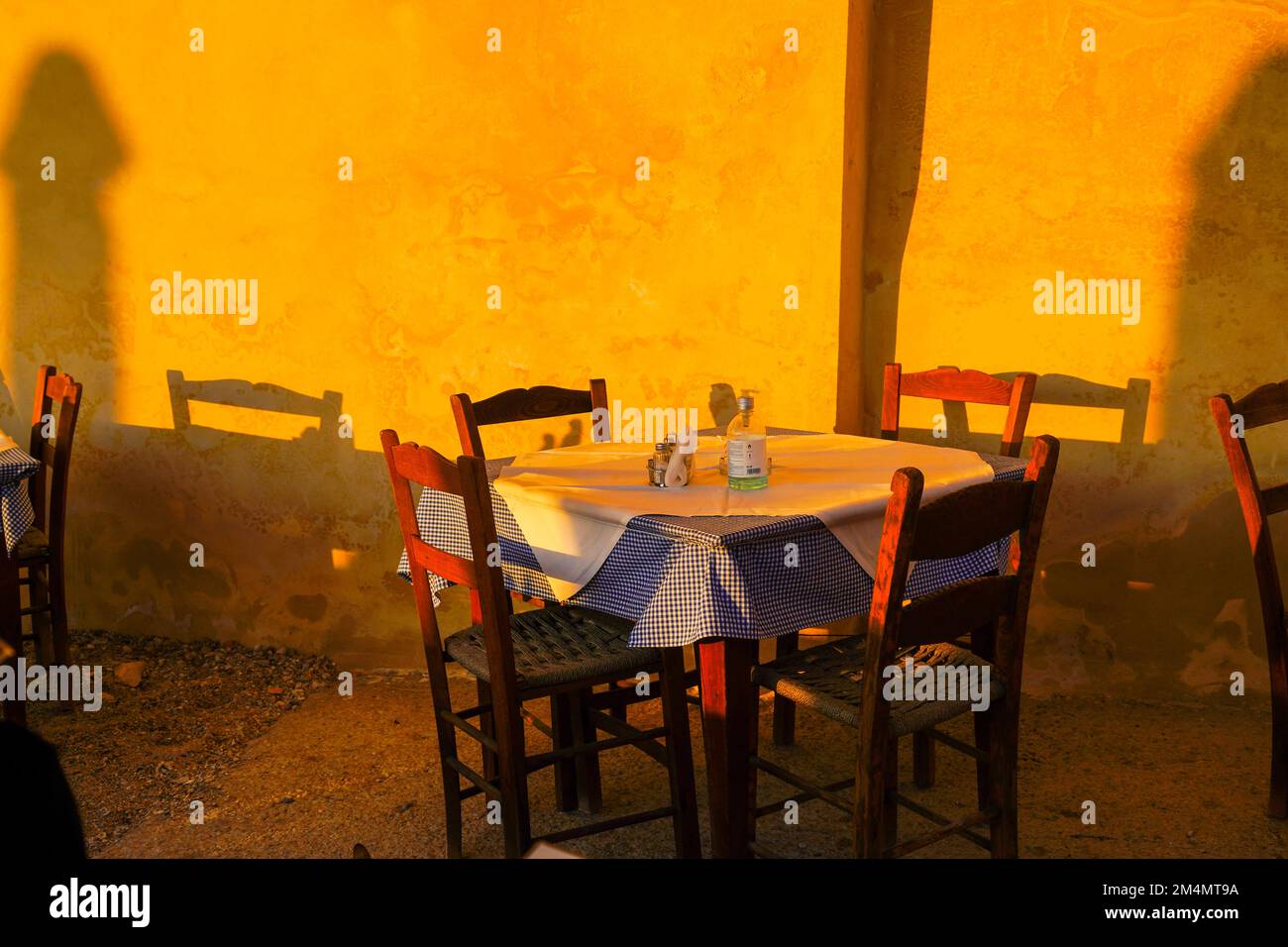 Outdoor Greek cafe and restaurant photographed at Chania, Crete, Greece ...