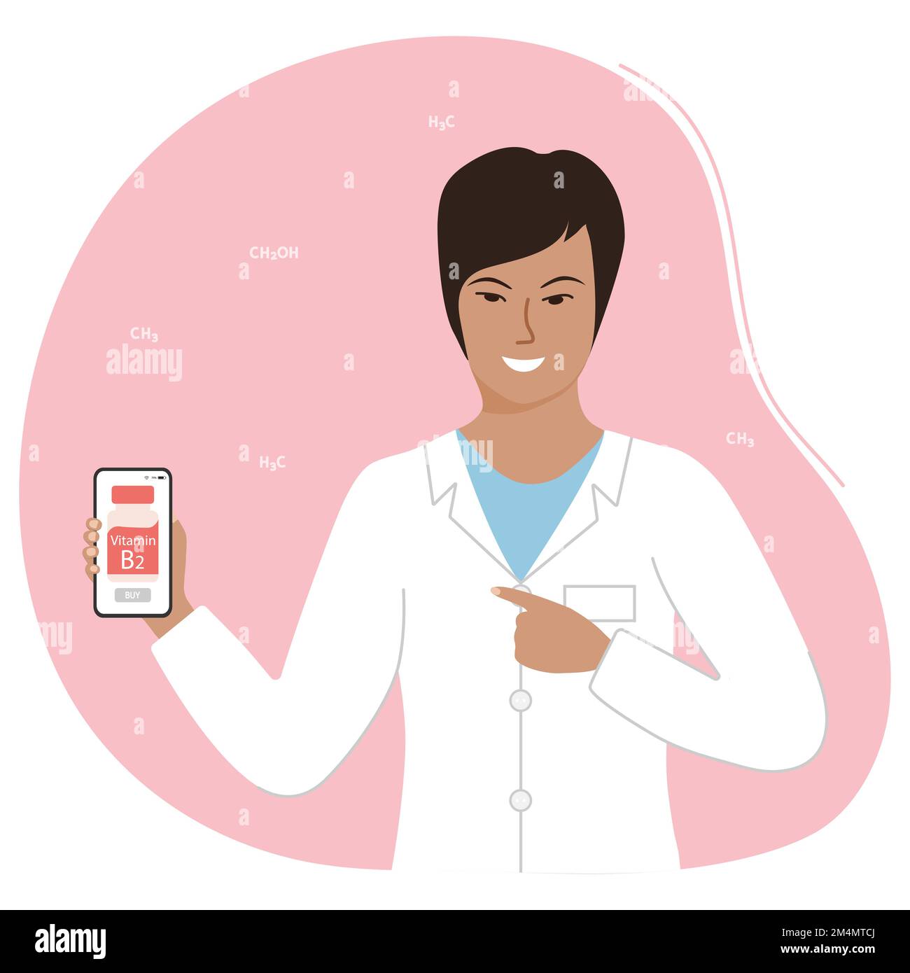 Vector illustration Nutritionist holds cell phone with vitamin B2 ...
