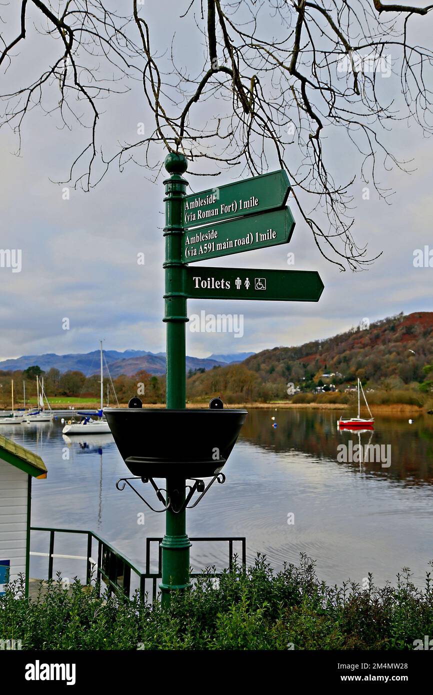 A signpost at Lake Windermere, Lake district National Park, Cumbria ...