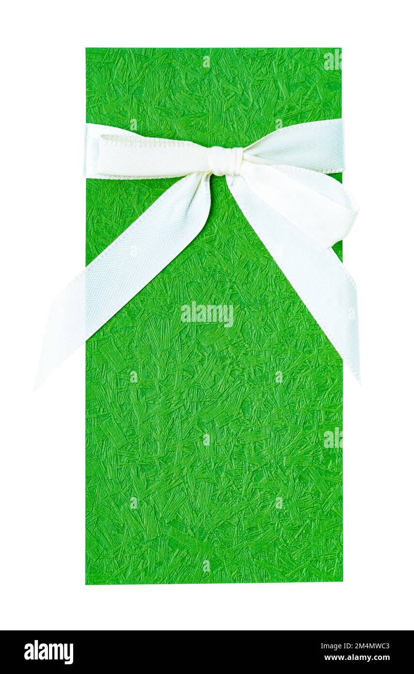 Blank green paper card and white ribbon isolated on white background ...