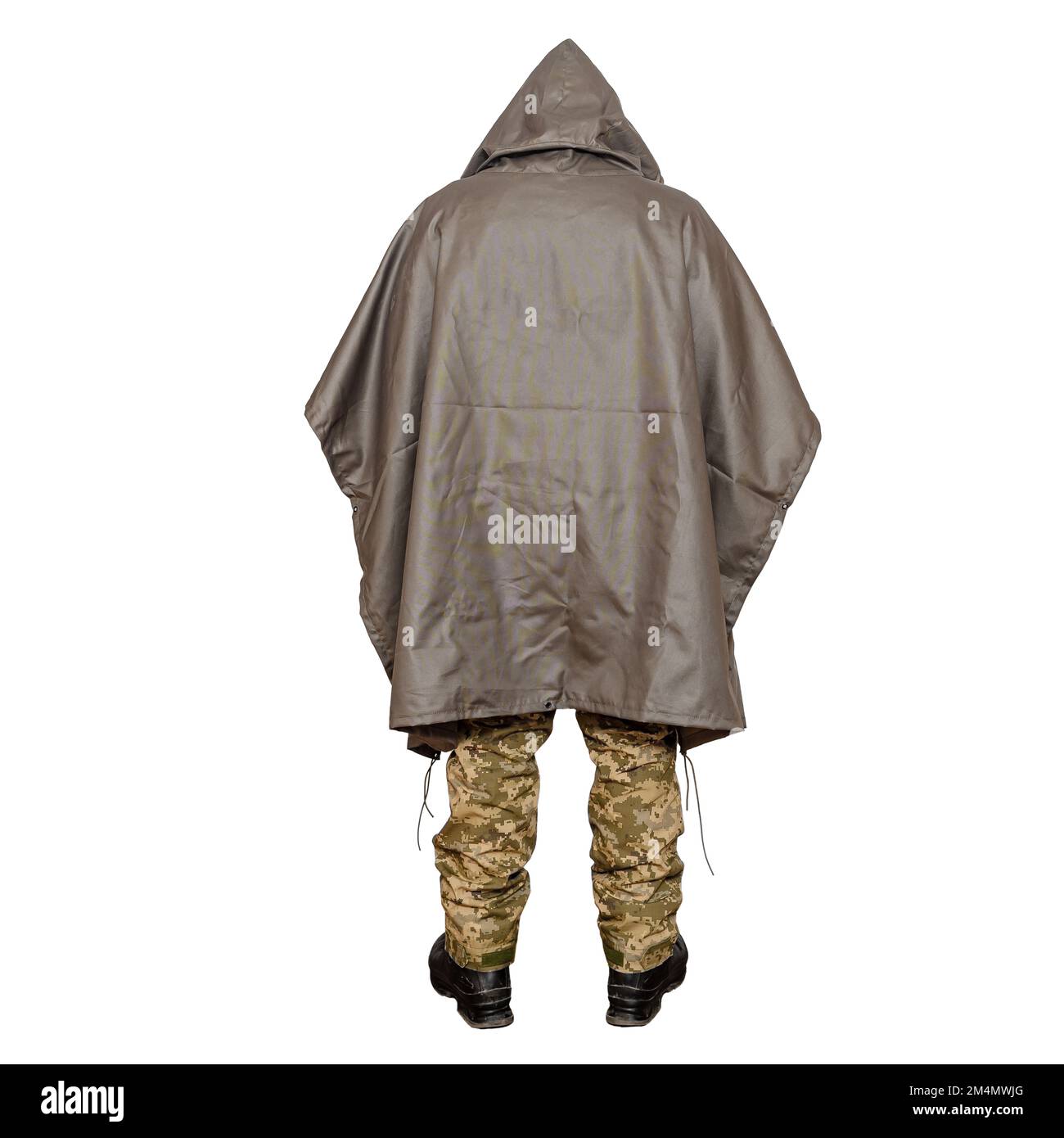 A military man in a cloak-tent turned backwards on a white background ...