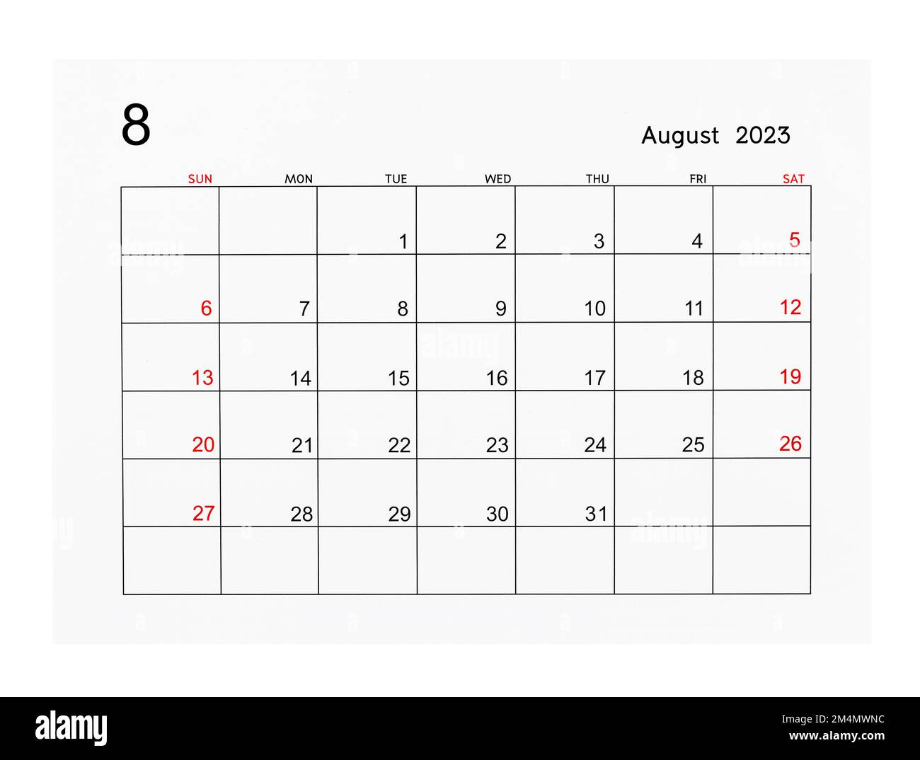 August 2023 Calendar page isolated on white background, Saved clipping ...