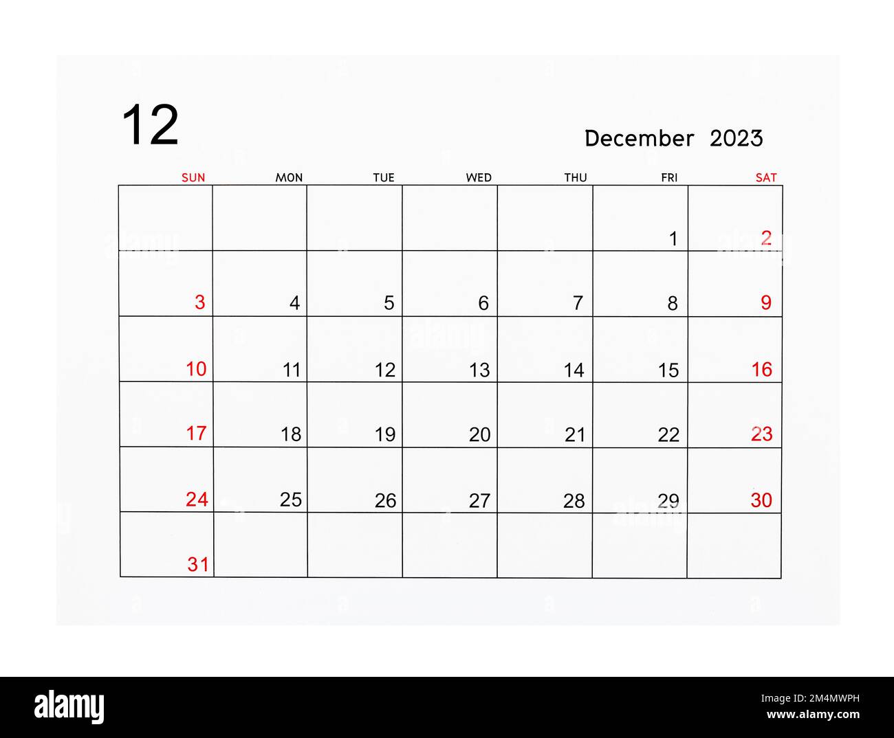 December 2023 Calendar page isolated on white background, Saved ...