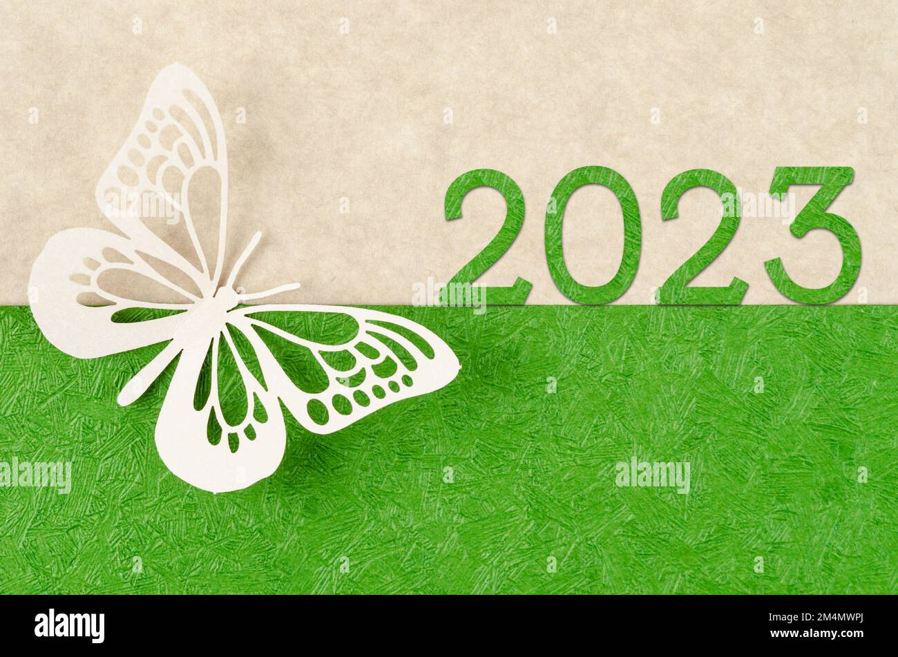 Green 2023 number and butterfly paper on greeting cards, holiday ...