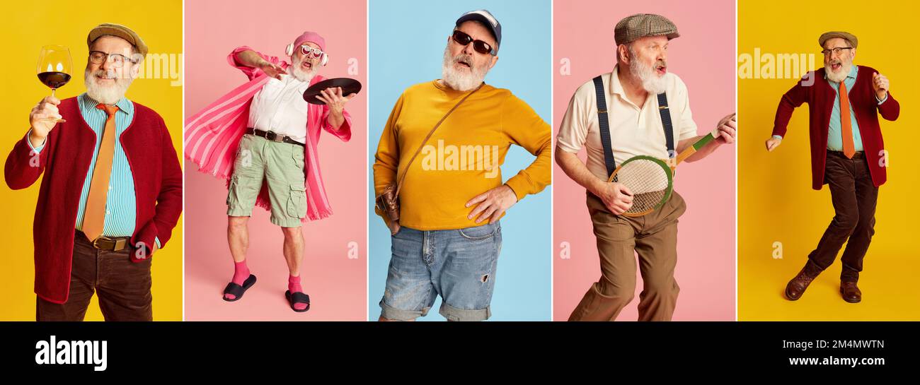 Collage. Portraits of stylish senior, old man in different clothes ...