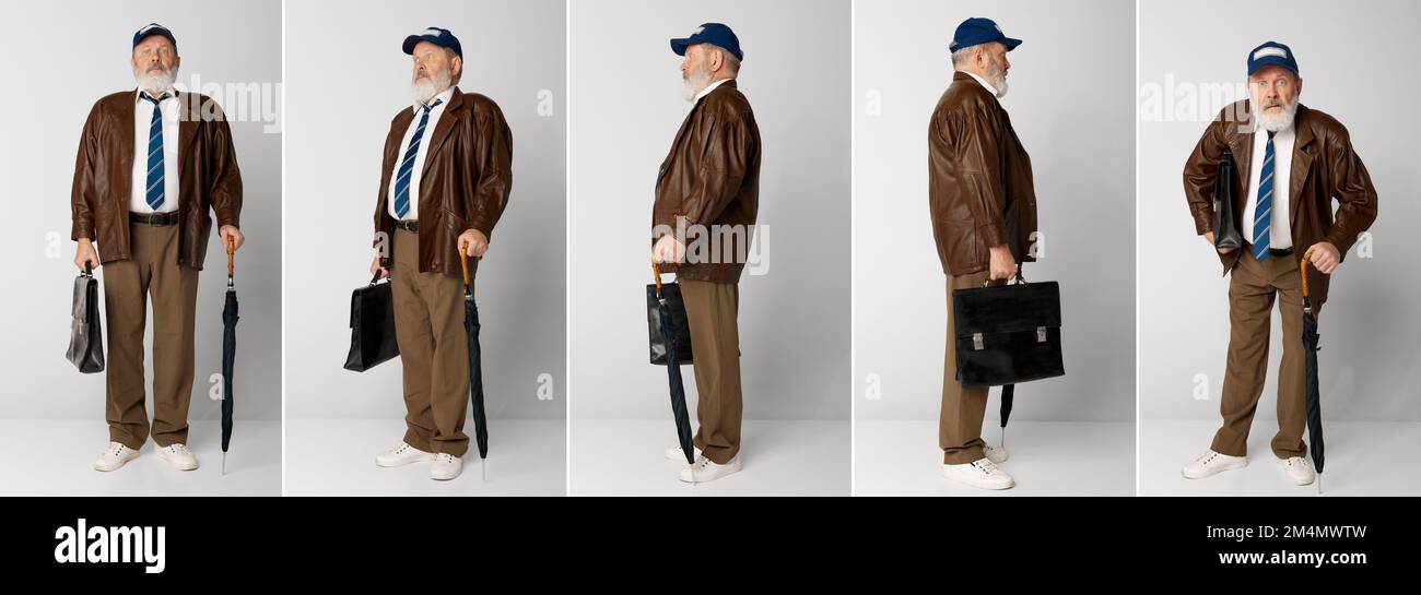 Collage. Front and side view portraits of senior old man in leather ...