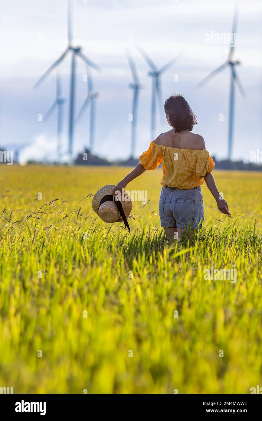 WOMAN RELAXING ON RICE FIELD AND WIND FARM OR WIND PARK BACKGROUND ...