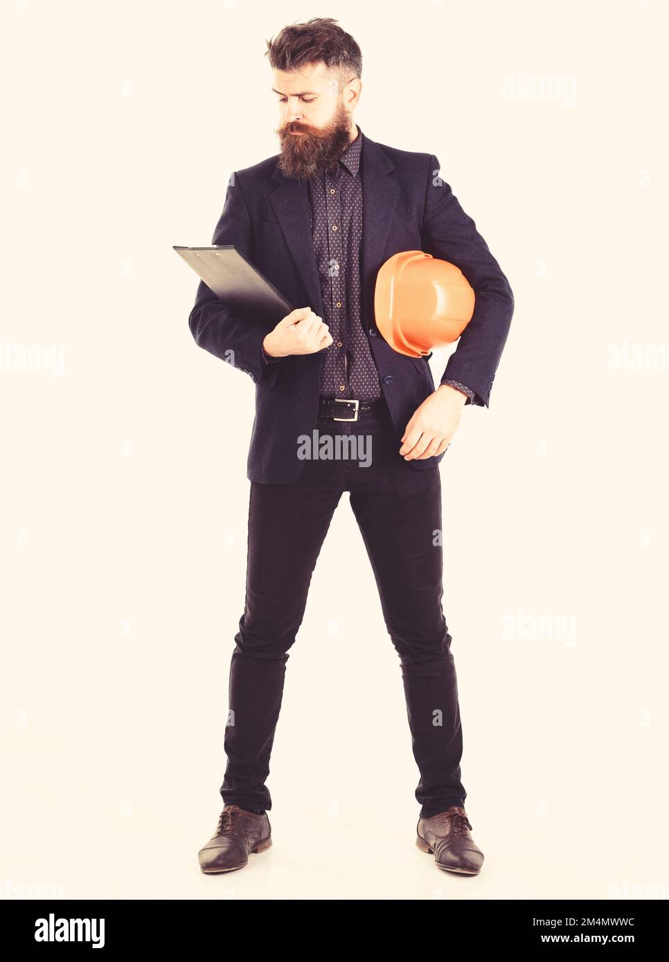 Boss in suit and helmet with papers isolated on white backgroun Stock ...