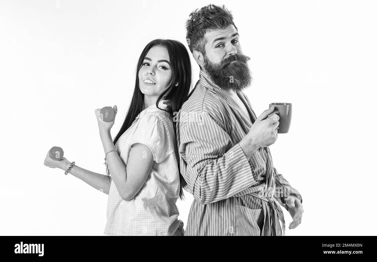 Alternative lifestyle concept. Couple, family on sleepy faces, full of ...