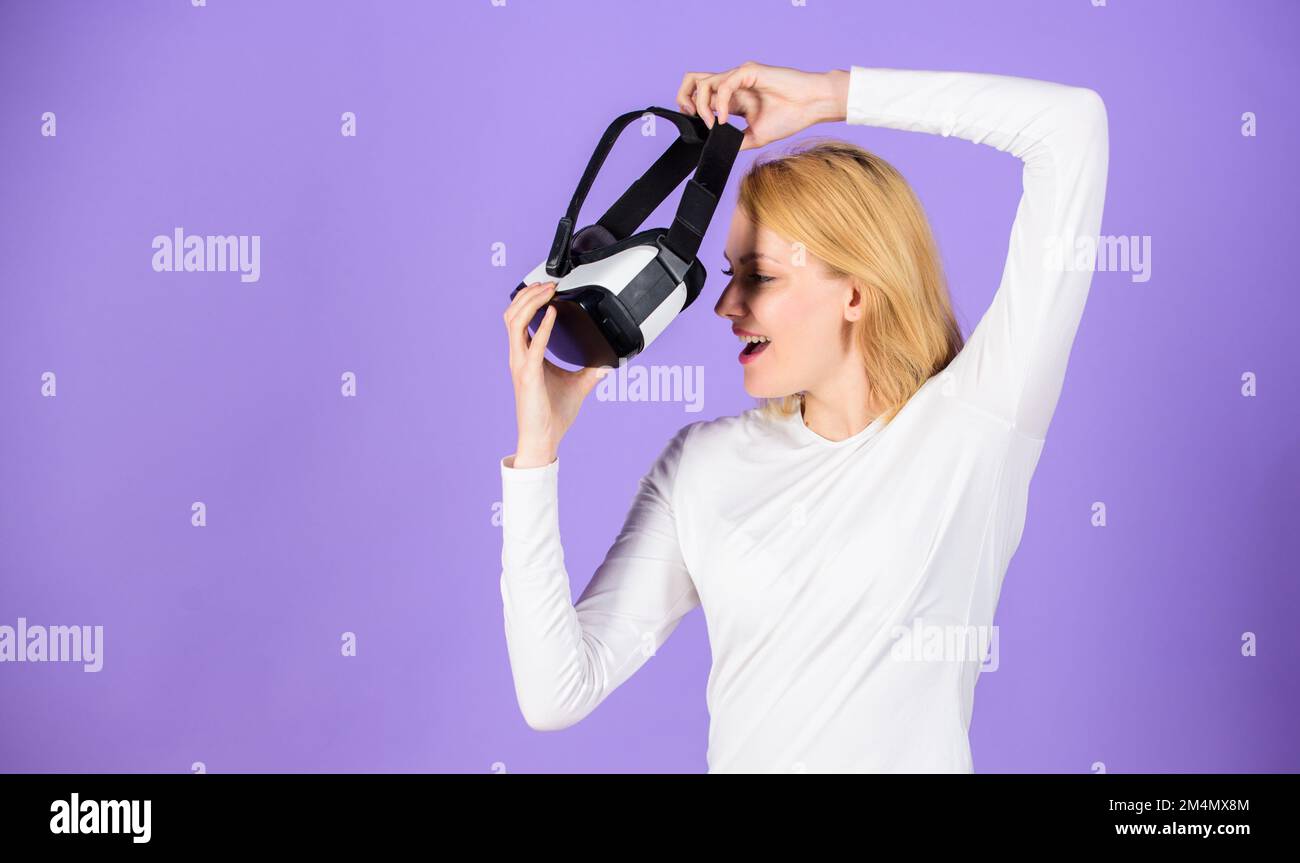 Girl use modern technology vr headset. Virtual reality and future ...