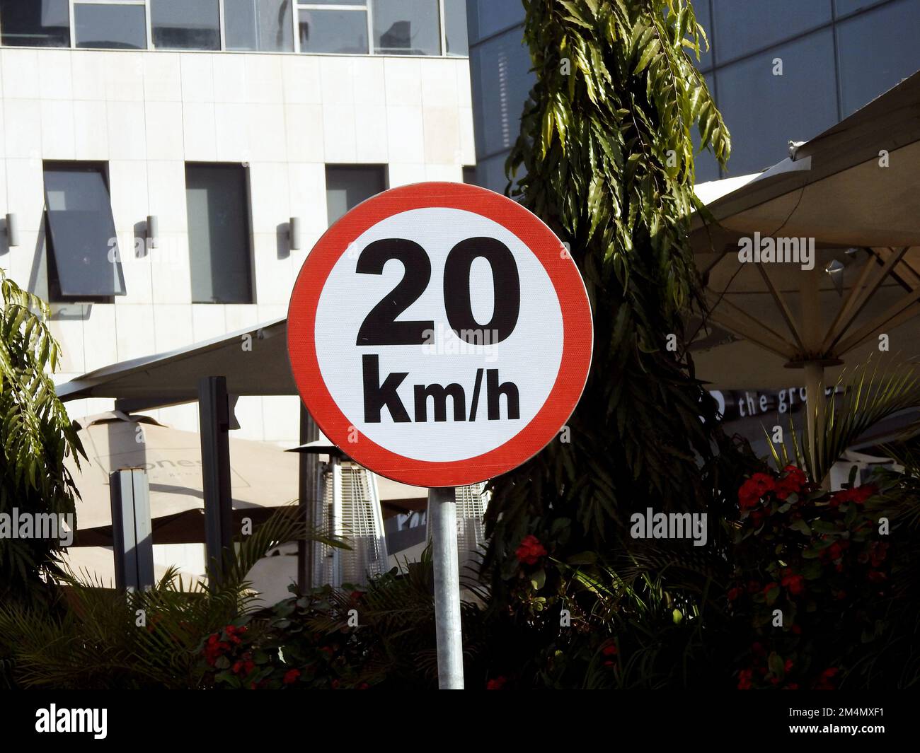 Cairo, Egypt, December 10 2022: A road sign of 20 KMH twenty Kilometers per hour speed limit in ...