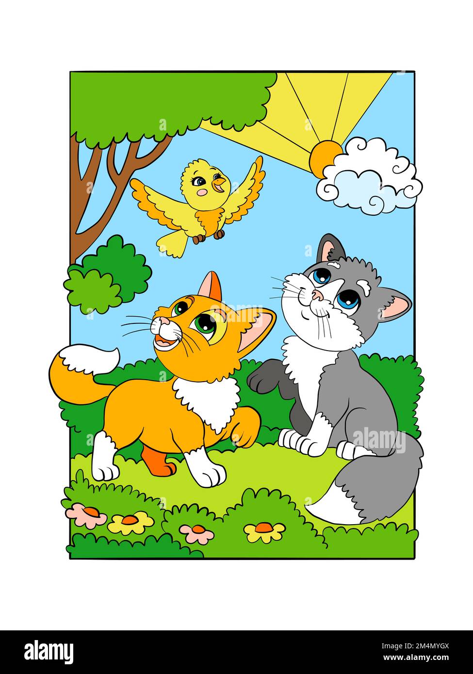 Cute kittens with a bird on a nature. Hand drawn vector cartoon ...