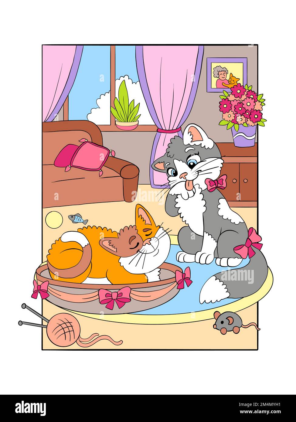 Two cute cats in cozy home. Hand drawn vector cartoon illustration ...
