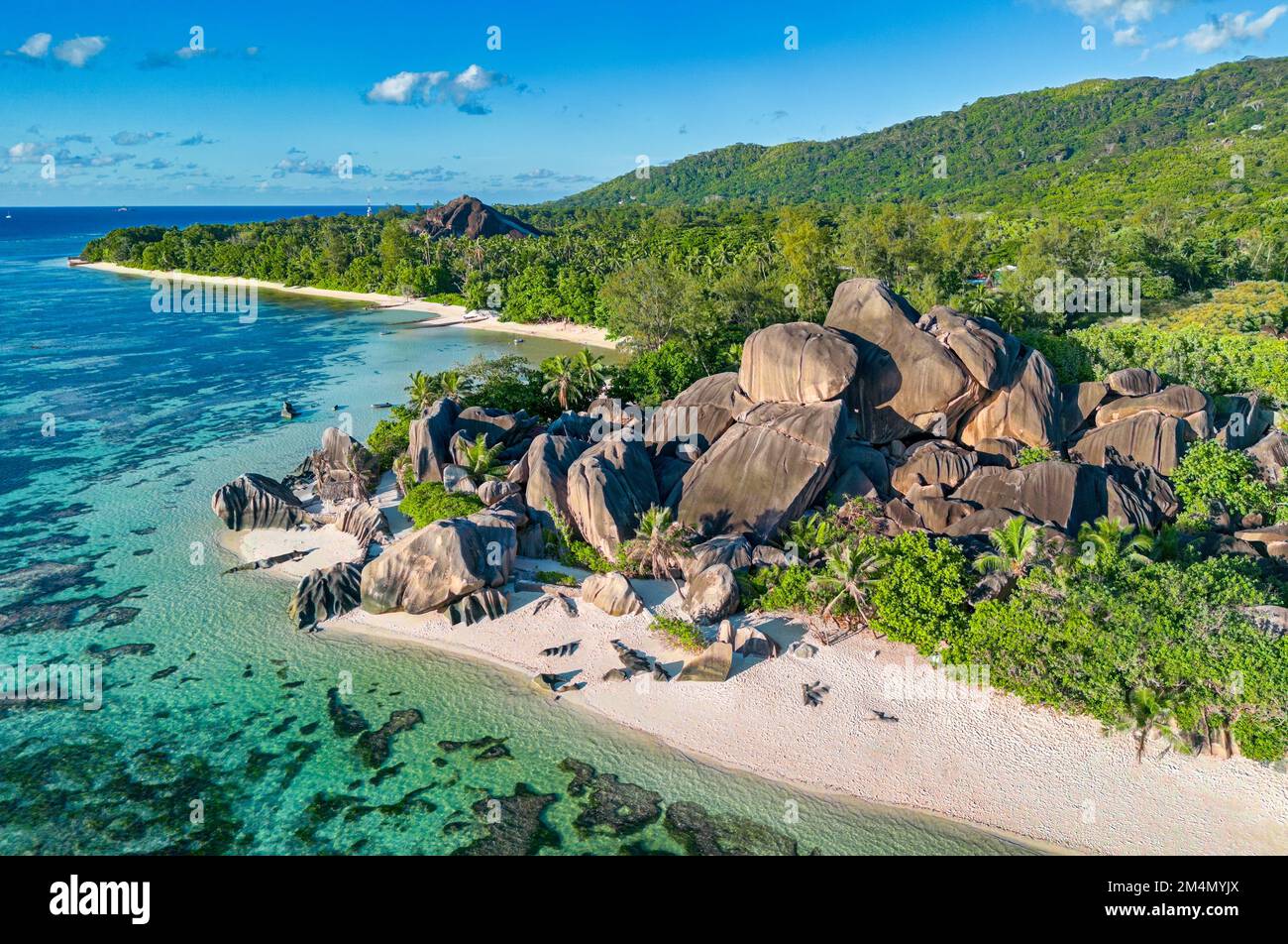 Aerial view of northern part of Beach Anse Source d'Argent, La Digue ...