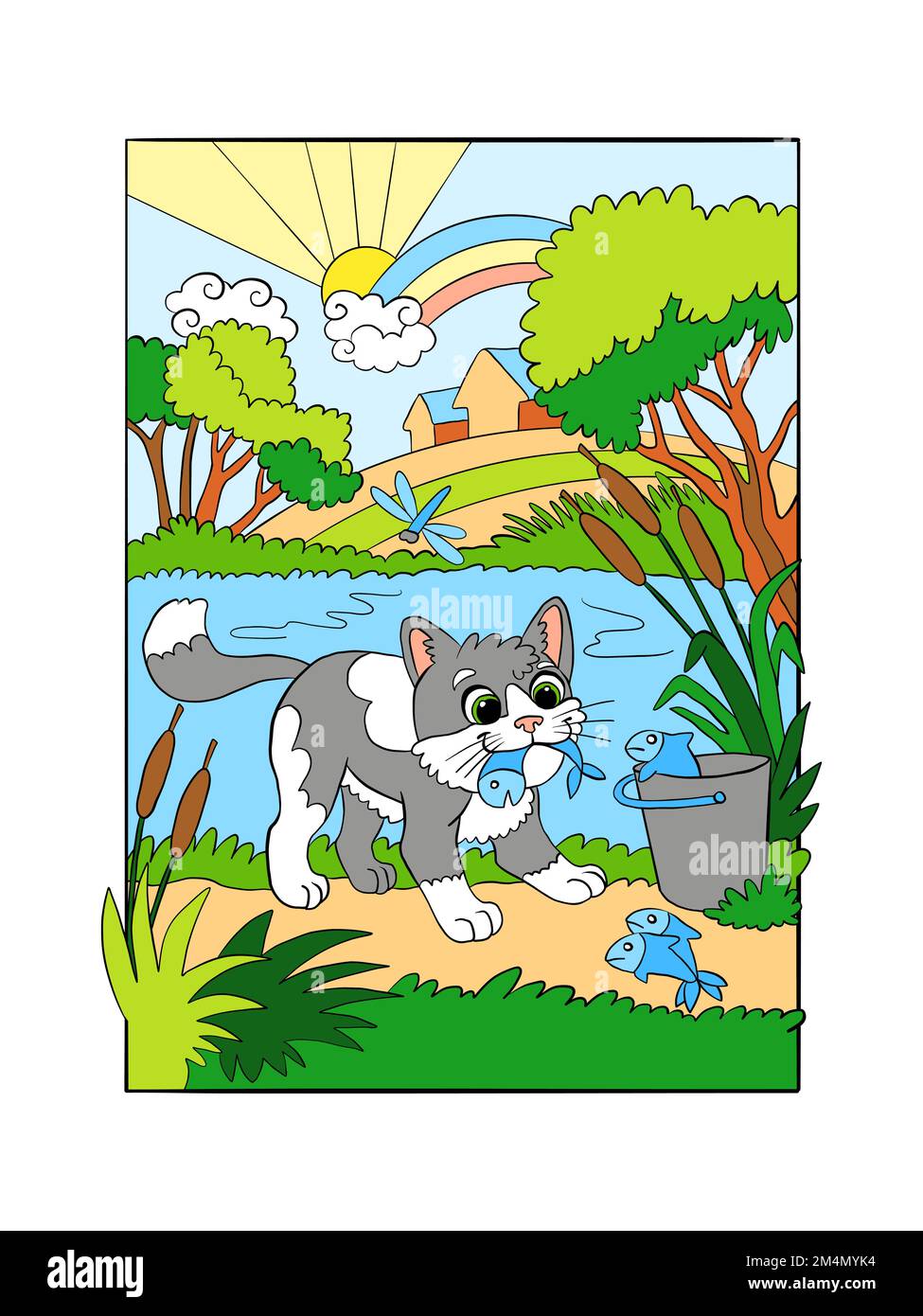 Cute kitten fishing at the river. Hand drawn vector cartoon ...