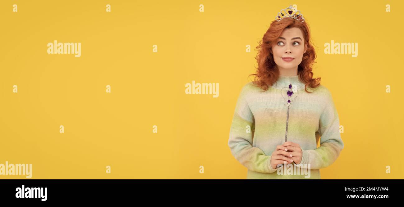 redhead woman in queen crown with magic wand, wish. Woman isolated face ...