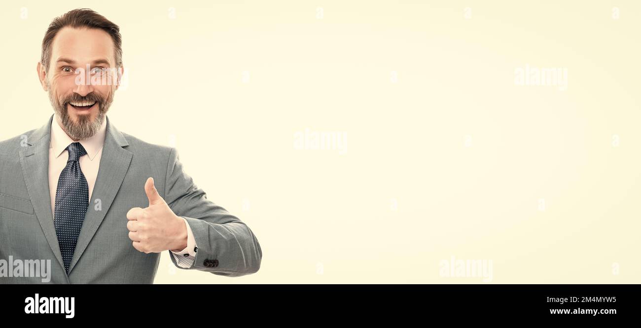 Man face portrait, banner with copy space. happy businessman presenting ...
