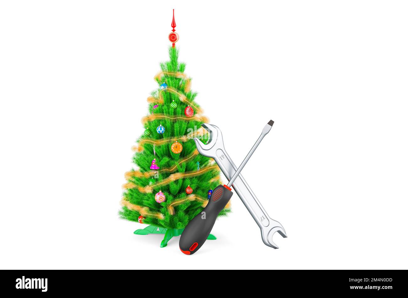 Christmas tree with screwdriver and wrench, 3D rendering isolated on ...