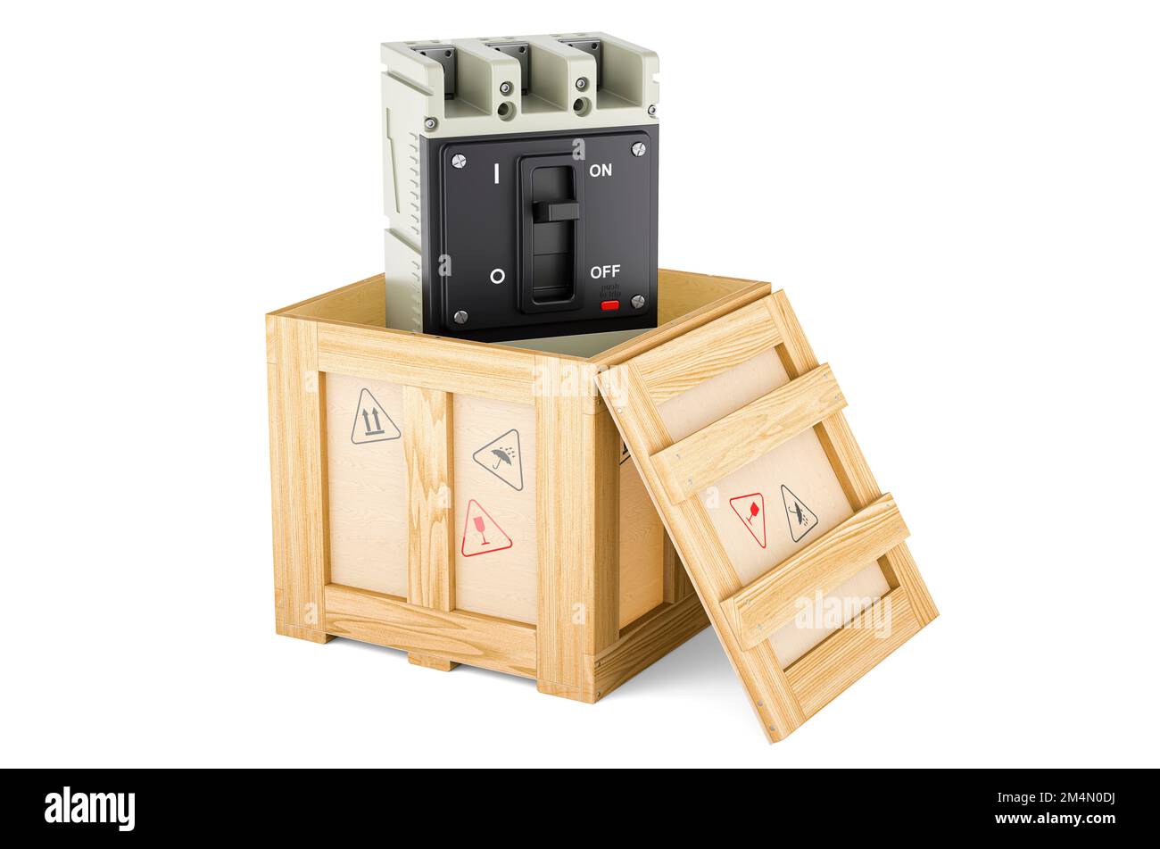 Circuit breaker inside wooden box, delivery concept. 3D rendering ...