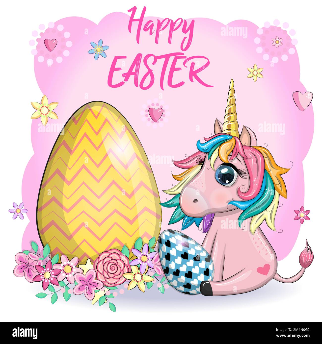 Easter unicorn cartoon character with easter egg, postcard Stock Vector ...