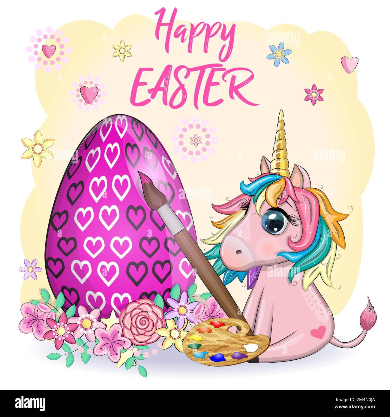 Easter unicorn cartoon character with easter egg, postcard Stock Vector ...