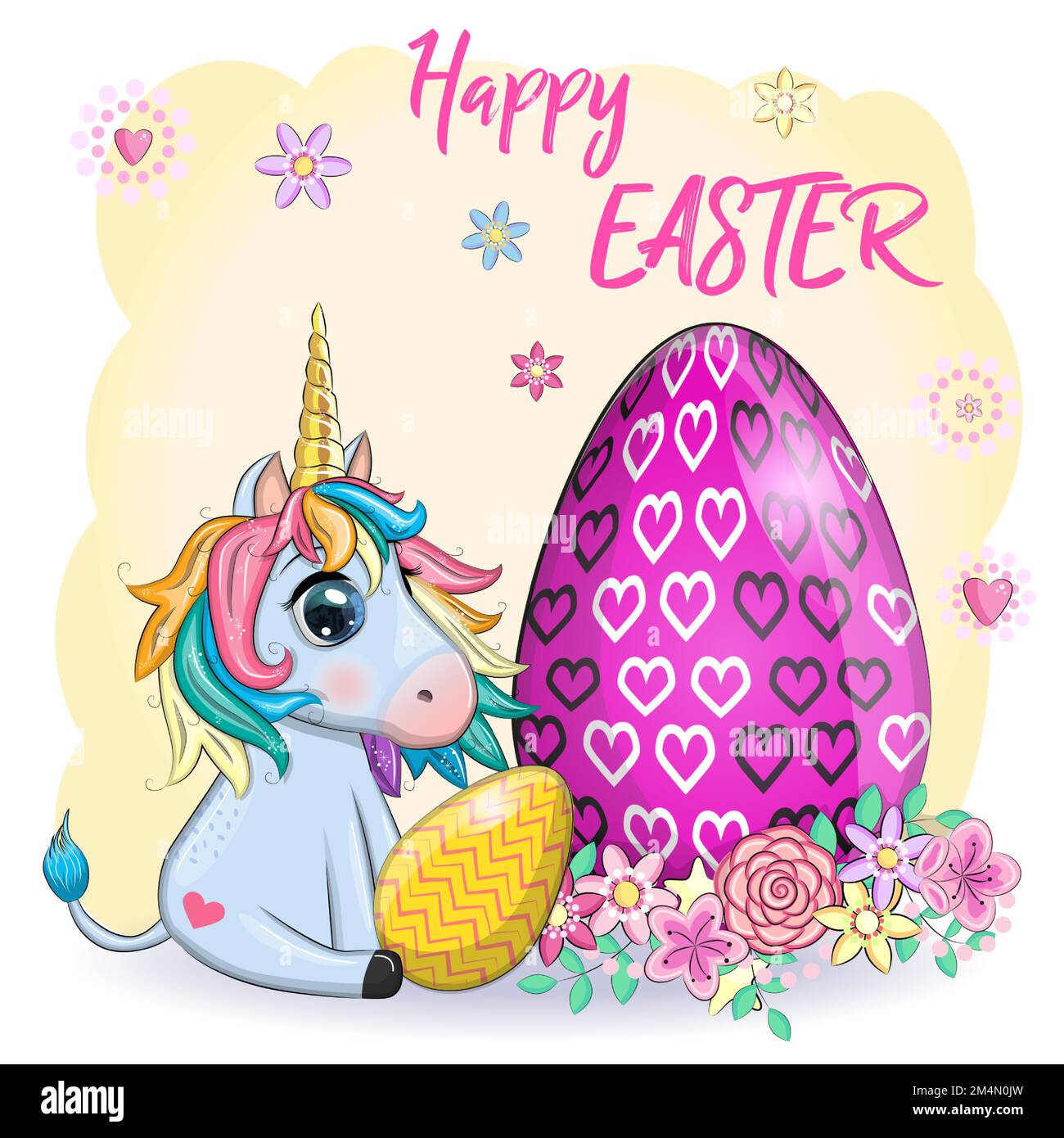 Easter unicorn cartoon character with easter egg, postcard Stock Vector ...